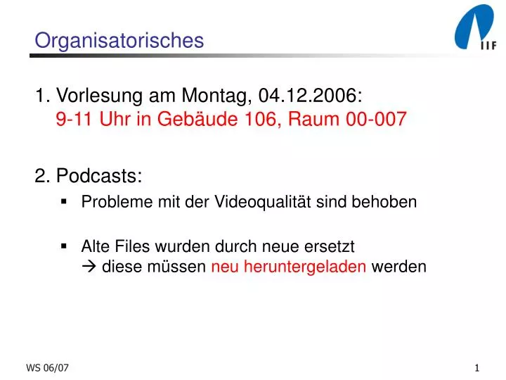 PPT - Organisatorisches PowerPoint Presentation, free download - ID:3630953