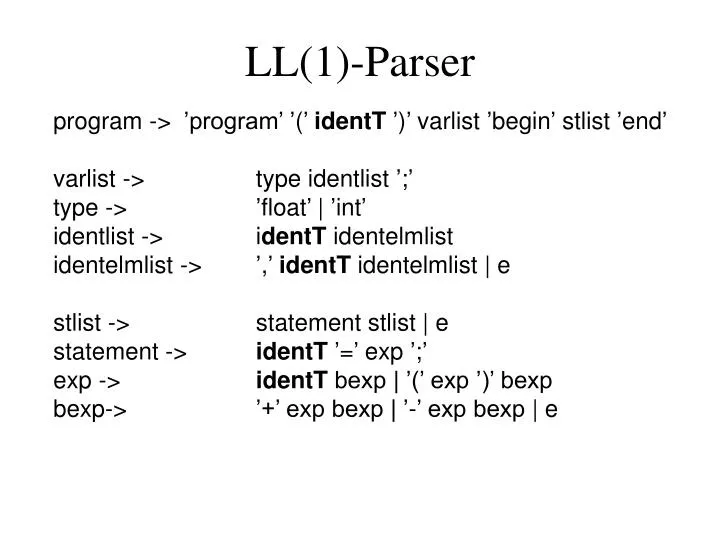 PPT - LL(1)-Parser PowerPoint Presentation, free download - ID:3647556 PPT - LL(1)-Parser PowerPoint Presentation, free download - ID:3647556