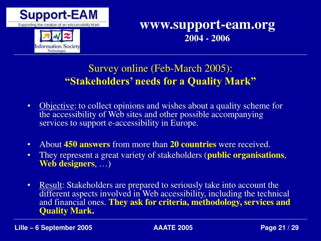 PPT - The Support-EAM Project An e-Accessibility Quality Mark to ... PPT - The Support-EAM Project An e-Accessibility Quality Mark to ...