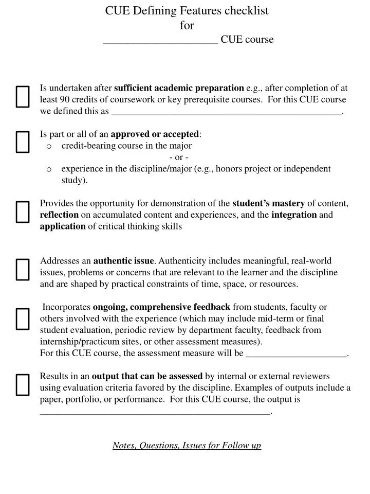 PPT - CUE Defining Features checklist for _____________________ CUE ...