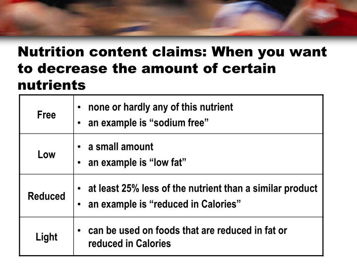 Allowable Nutrition Claims: Nutrient Content Claims – DJNO