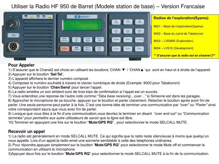 PPT - Utiliser la Radio HF 950 de Barret (Modele station de base ...