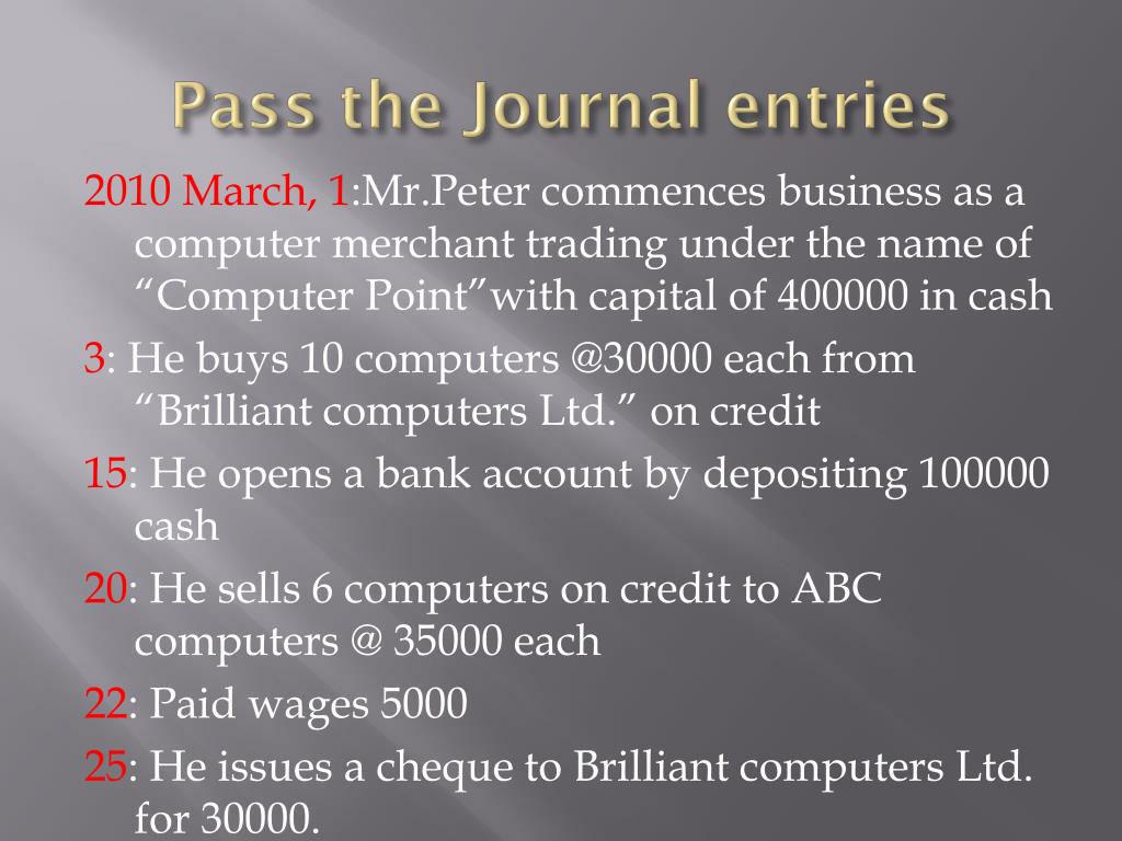 PPT - Pass Journal Entries: Mr. A started business with 50,000$. Bought ...