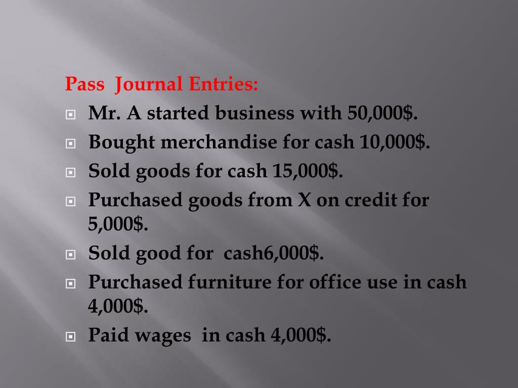 PPT - Pass Journal Entries: Mr. A started business with 50,000$. Bought ...