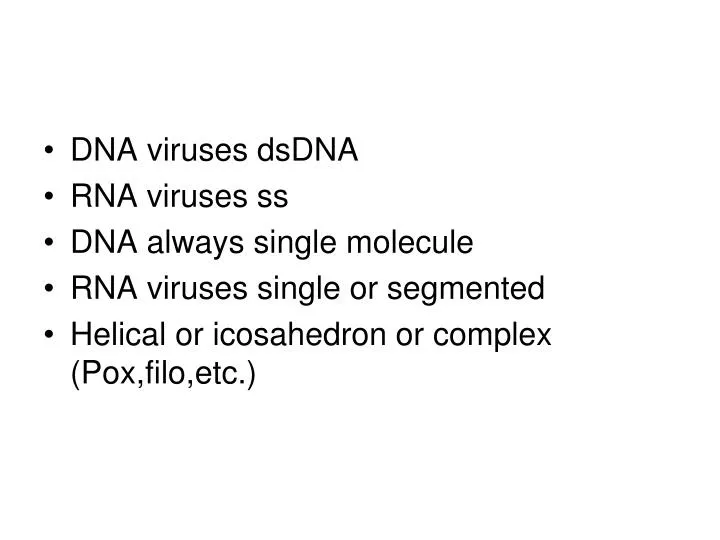 PPT - DNA viruses dsDNA RNA viruses ss DNA always single molecule RNA ...