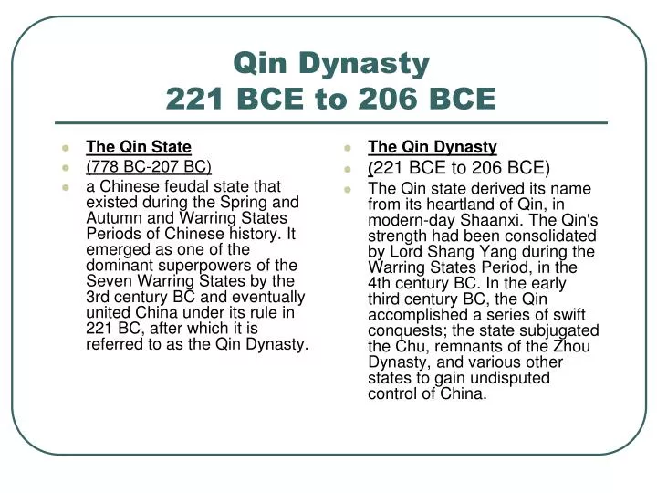 PPT - Qin Dynasty 221 BCE to 206 BCE PowerPoint Presentation, free ... PPT - Qin Dynasty 221 BCE to 206 BCE PowerPoint Presentation, free ...