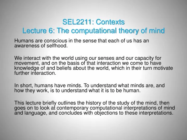 Ppt Sel2211 Contexts Lecture 6 The Computational Theory Of Mind