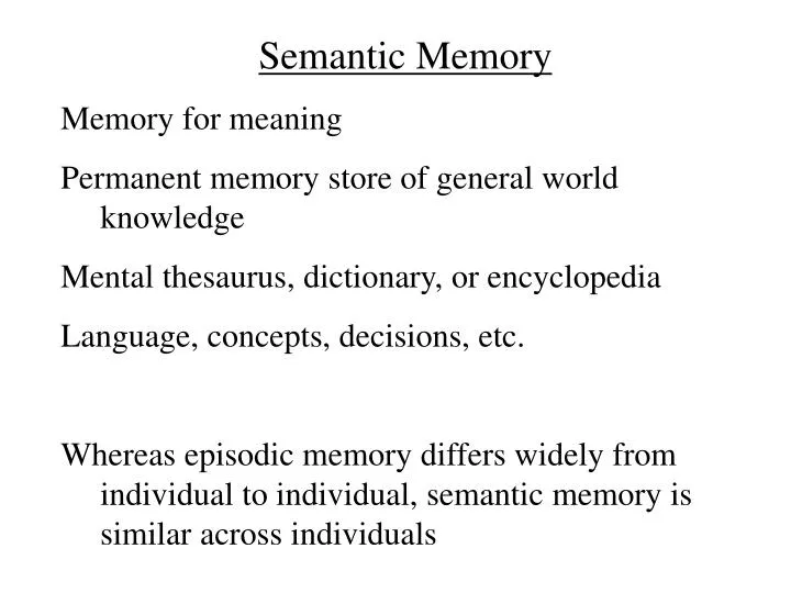 Ppt Semantic Memory Memory For Meaning Permanent Memory Store Of