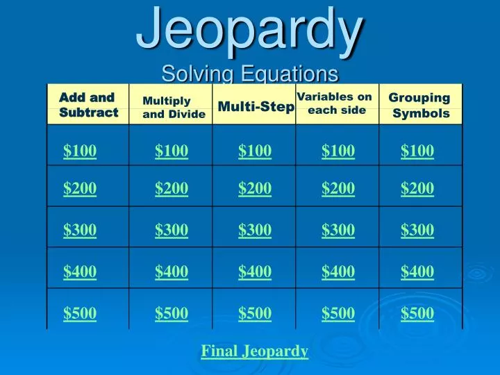 PPT Jeopardy Solving Equations PowerPoint Presentation Free Download