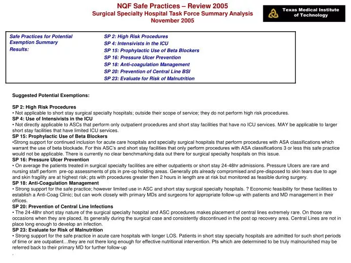 PPT - NQF Safe Practices – Review 2005 Surgical Specialty Hospital Task ...