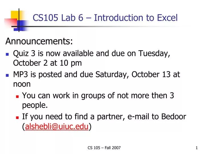 PPT - CS105 Lab 6 – Introduction to Excel PowerPoint Presentation, free ...
