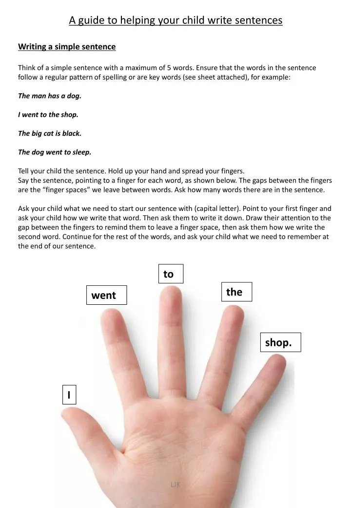 PPT - A guide to helping your child write sentences Writing a simple ...
