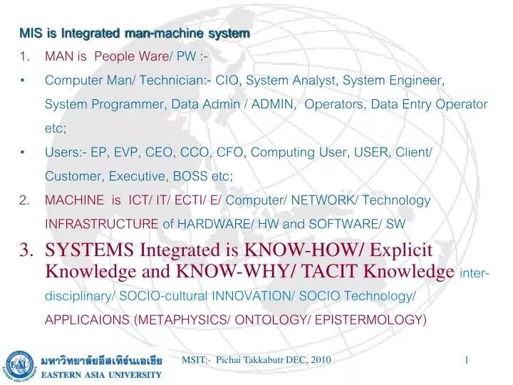 PPT - MIS is Integrated man-machine system MAN is People Ware / PW ...