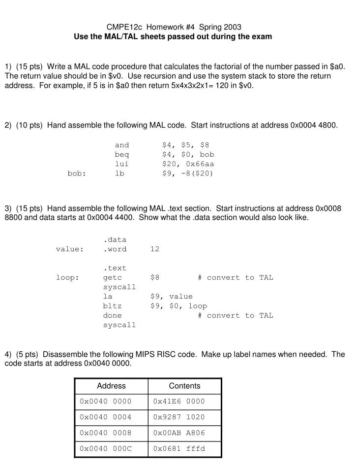 PPT - CMPE12c Homework #4 Spring 2003 Use the MAL/TAL sheets passed out ...