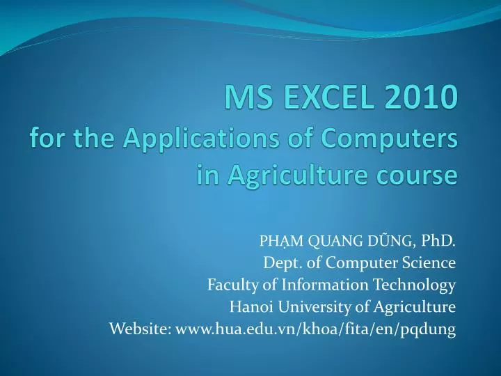 PPT - MS EXCEL 2010 for the Applications of Computers in Agriculture ...
