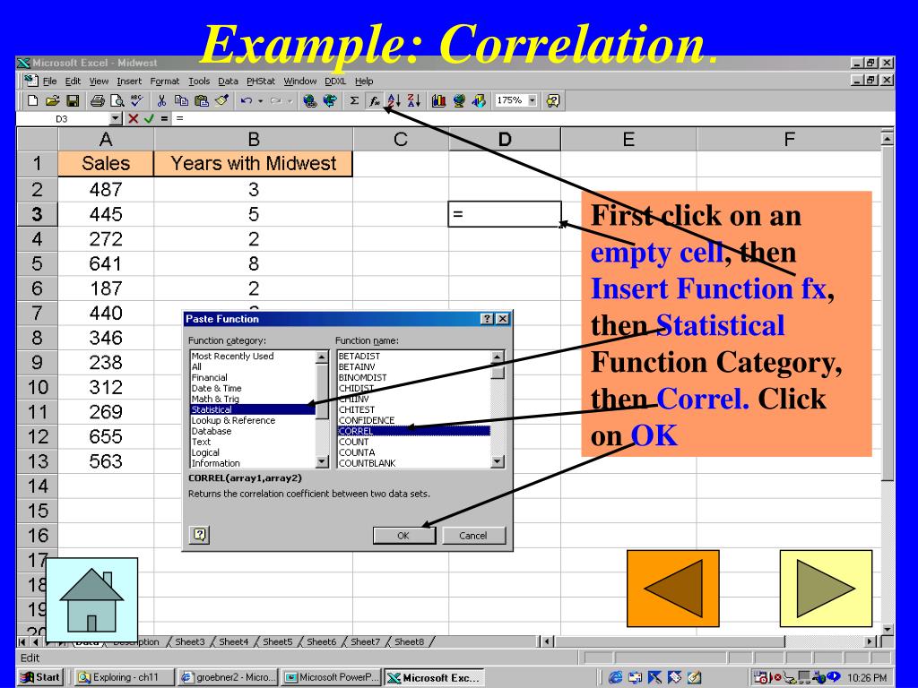 Ppt Example Correlation Part 1 Use Tools Data Analysis Part 2 Use Insert Function F X 1432