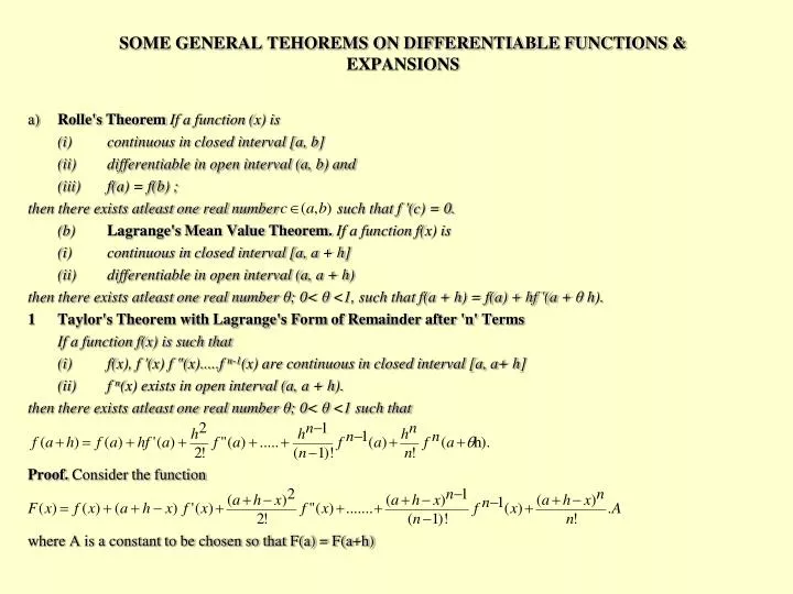 PPT - SOME GENERAL TEHOREMS ON DIFFERENTIABLE FUNCTIONS & EXPANSIONS ... PPT - SOME GENERAL TEHOREMS ON DIFFERENTIABLE FUNCTIONS & EXPANSIONS ...