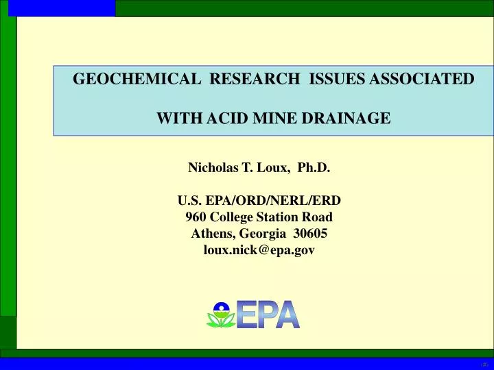 PPT - GEOCHEMICAL RESEARCH ISSUES ASSOCIATED WITH ACID MINE DRAINAGE ...