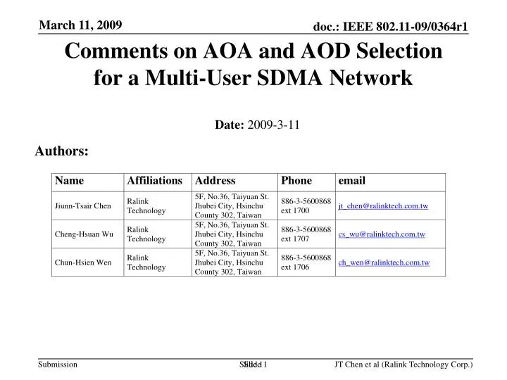 PPT - Comments on AOA and AOD Selection for a Multi-User SDMA Network ...