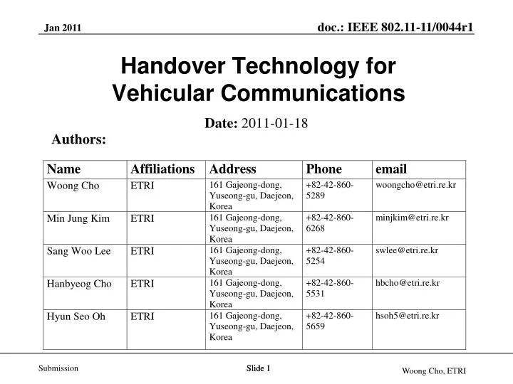 PPT - Handover Technology for Vehicular Communications PowerPoint ...