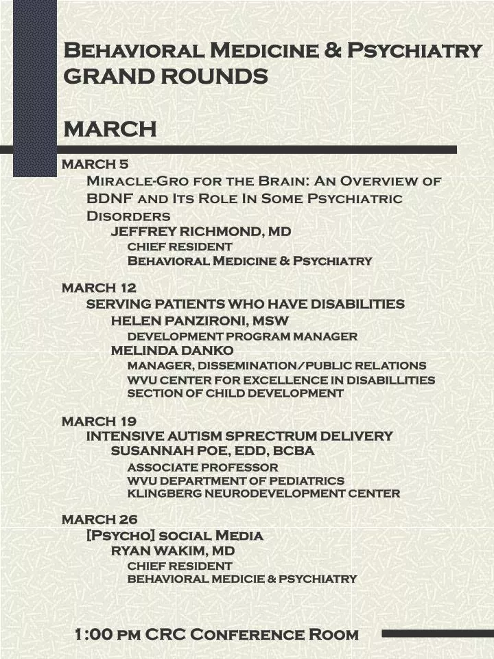 PPT - Behavioral Medicine & Psychiatry GRAND ROUNDS MARCH PowerPoint ...