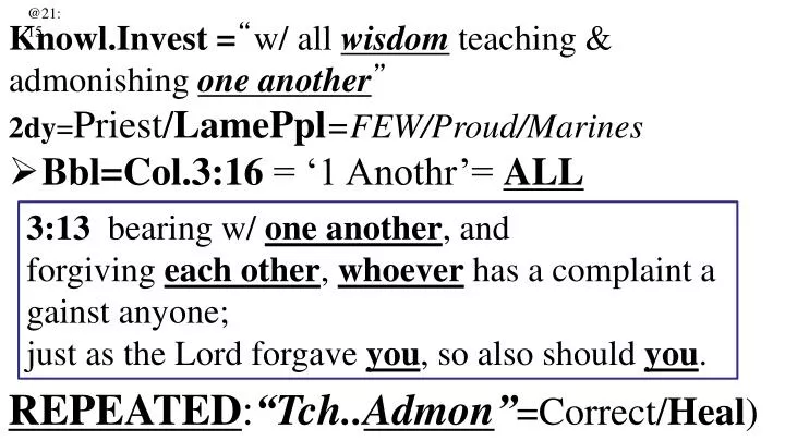 PPT - Knowl.Invest = “ w/ all wisdom teaching & admonishing one another ...