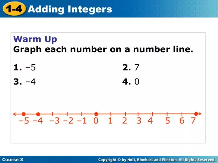 PPT - Warm Up Graph each number on a number line. 1. – 5 2. 7 3. –4 4 ...