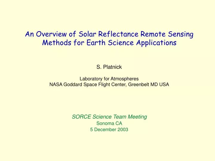 PPT - An Overview of Solar Reflectance Remote Sensing Methods for Earth ...
