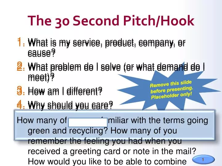 PPT - The 30 Second Pitch/Hook PowerPoint Presentation, free download ...