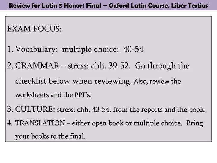 PPT - Review for Latin 3 Honors Final – Oxford Latin Course, Liber ...