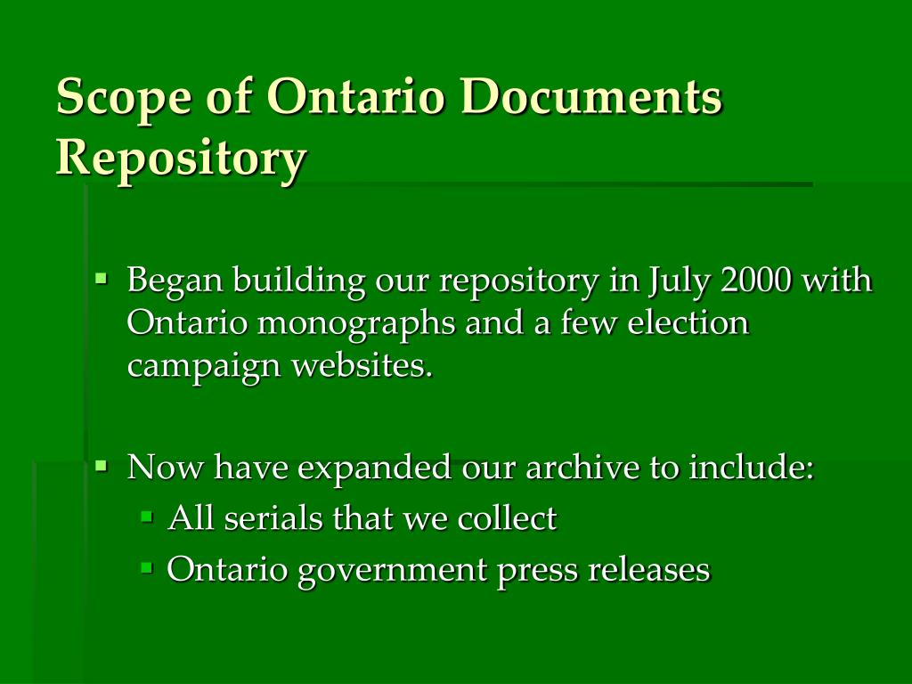 PPT - The Legislative Library of Ontario’s Ontario Documents Repository ...