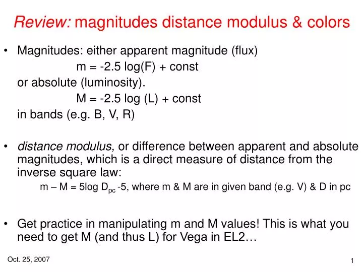 PPT - Review: magnitudes distance modulus & colors PowerPoint ...