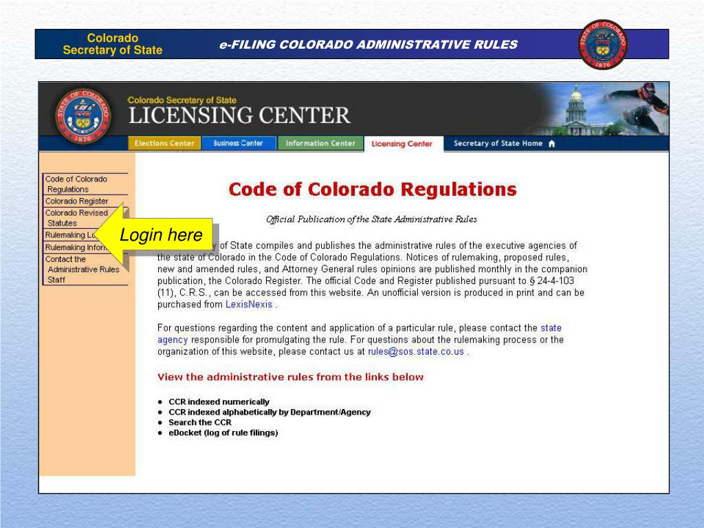 PPT - CODE OF COLORADO REGULATIONS ONLINE PORTAL FOR e-FILING AND RULE ...