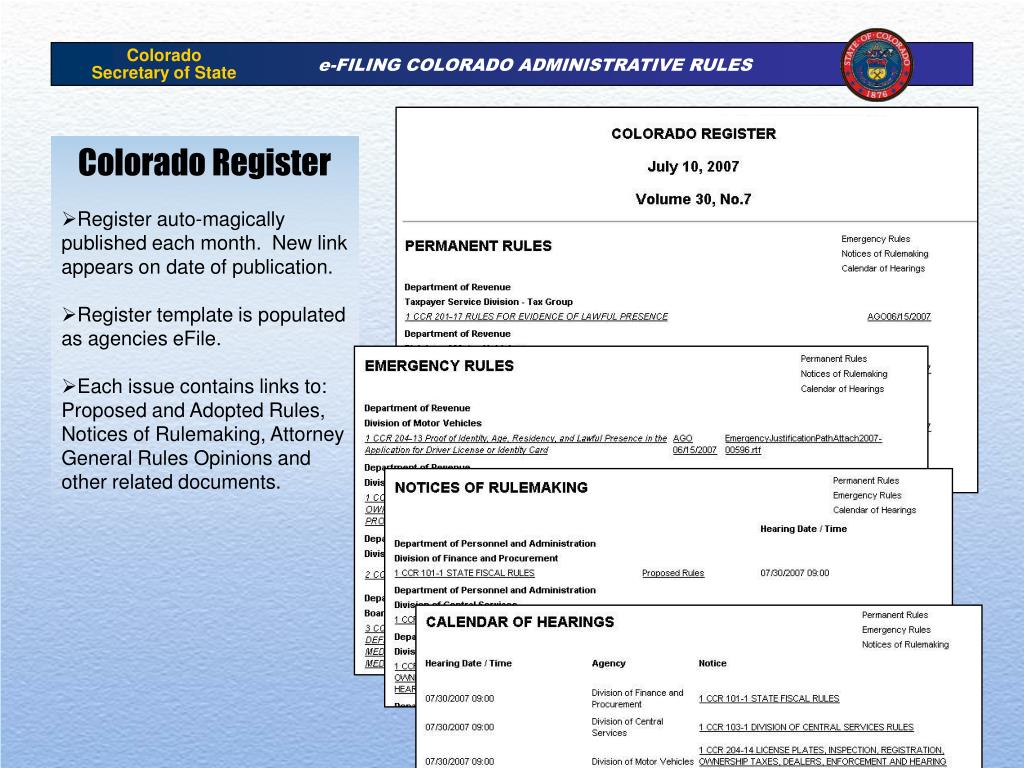 PPT - CODE OF COLORADO REGULATIONS ONLINE PORTAL FOR e-FILING AND RULE ...