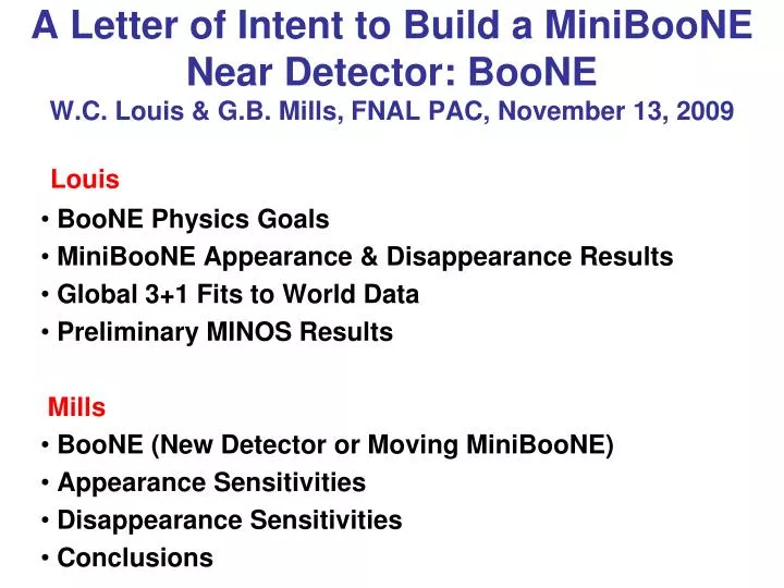 PPT - Louis BooNE Physics Goals MiniBooNE Appearance & Disappearance ...