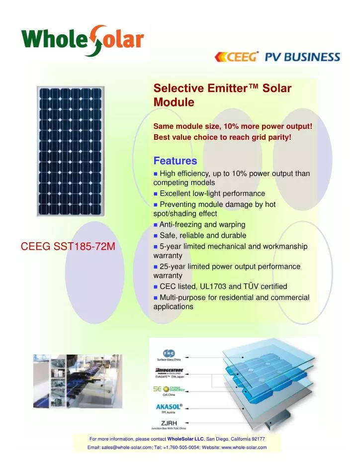 PPT - Selective Emitter™ Solar Module Same module size, 10% more power ...