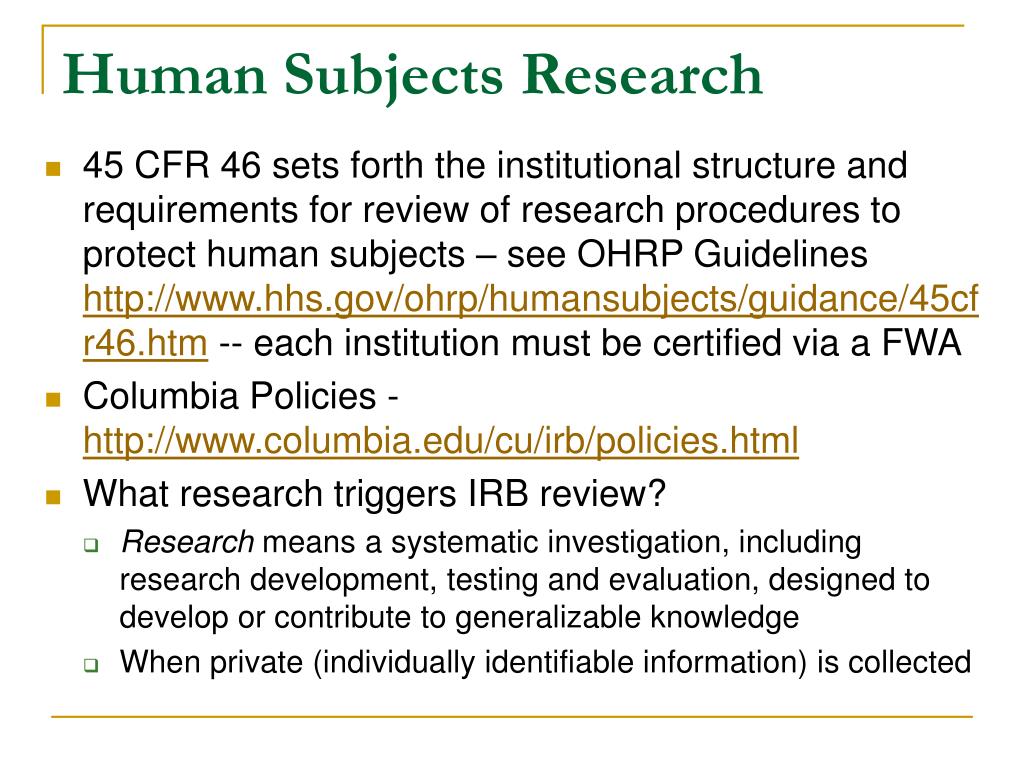 PPT - Regulation of Research with Human Subjects PowerPoint ...