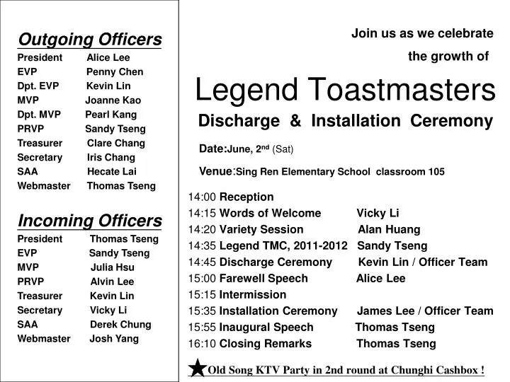 PPT - Legend Toastmasters Discharge & Installation Ceremony PowerPoint ...