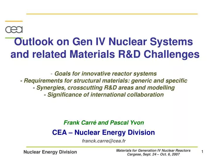 PPT - Outlook on Gen IV Nuclear Systems and related Materials R&D ...