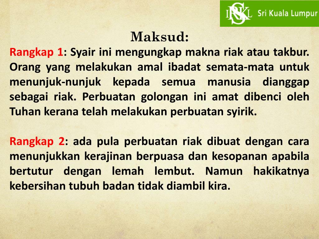 PPT - PUISI TRADISIONAL SYAIR MAKNA RIAK PowerPoint Presentation, free ...