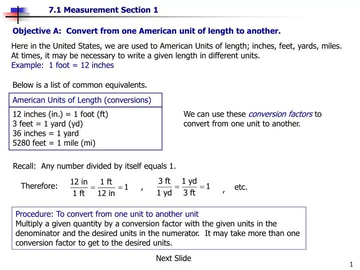 PPT - Objective A: Convert from one American unit of length to another ...