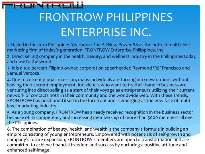 PPT - FRONTROW PHILIPPINES ENTERPRISE INC . PowerPoint Presentation ...