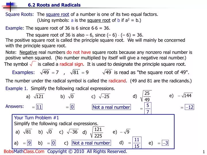 PPT - Square Roots: The square root of a number is one of its two equal ...