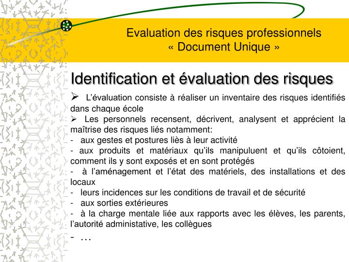 PPT - Evaluation des risques professionnels « Document Unique » PowerPoint Presentation - ID:5051006