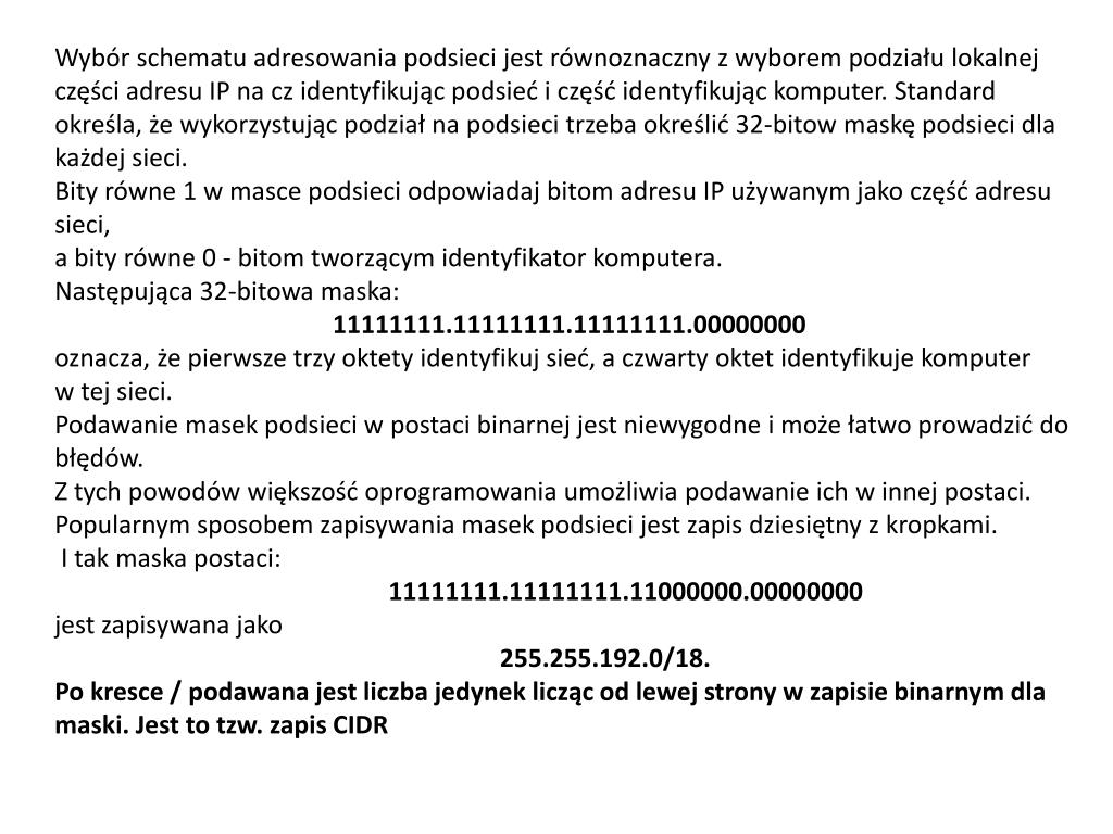 PPT - ZASADY PODZIAŁU SIECI NA PODSIECI, OBLICZANIA ADRESÓW PODSIECI ...