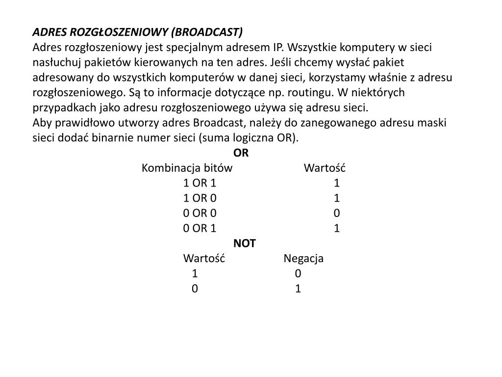 PPT - ZASADY PODZIAŁU SIECI NA PODSIECI, OBLICZANIA ADRESÓW PODSIECI ...