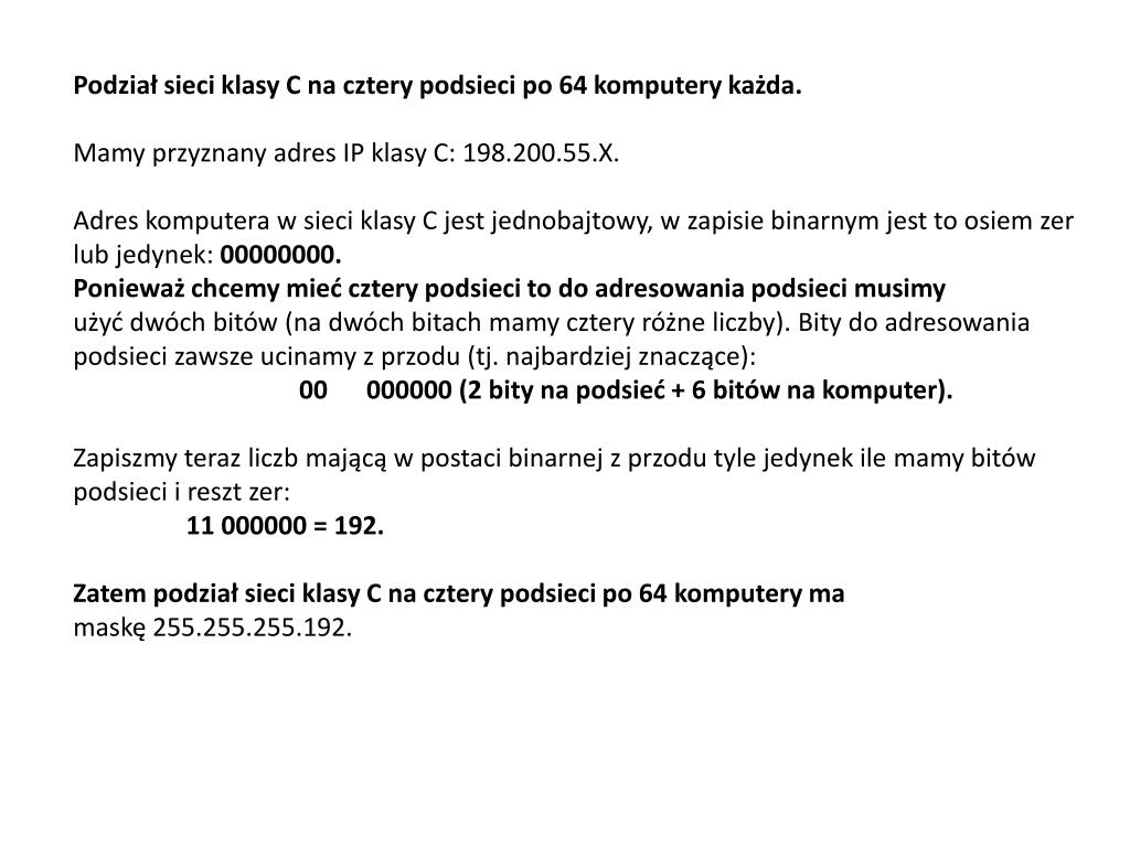 PPT - ZASADY PODZIAŁU SIECI NA PODSIECI, OBLICZANIA ADRESÓW PODSIECI ...