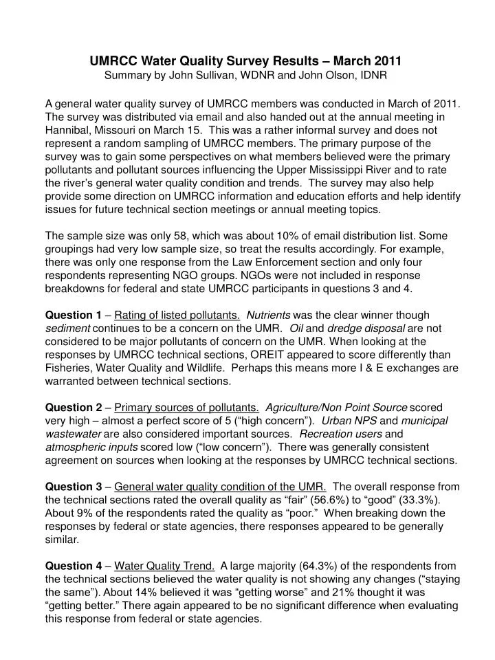 PPT - UMRCC Water Quality Survey Results – March 2011 PowerPoint ...