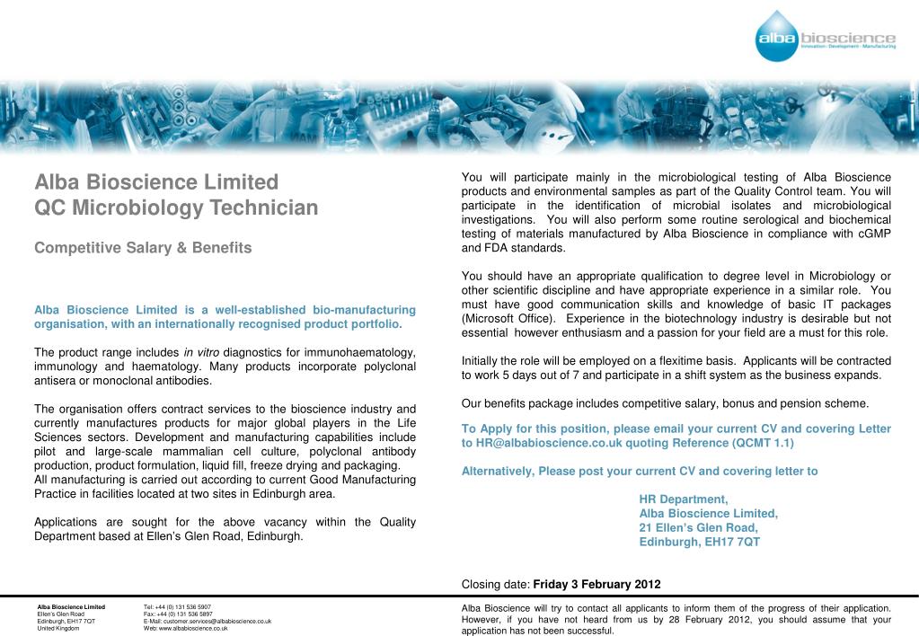 PPT - Alba Bioscience Limited QC Microbiology Technician Competitive ...