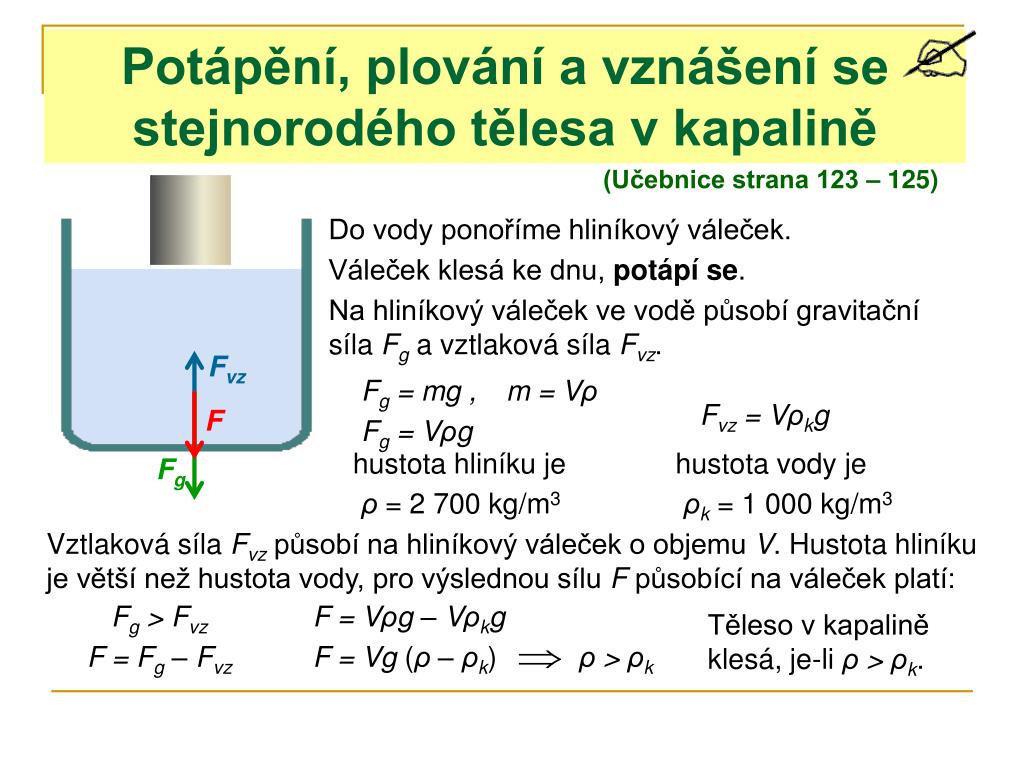 PPT - Potápění, plování a vznášení se stejnorodého tělesa v kapalině ...